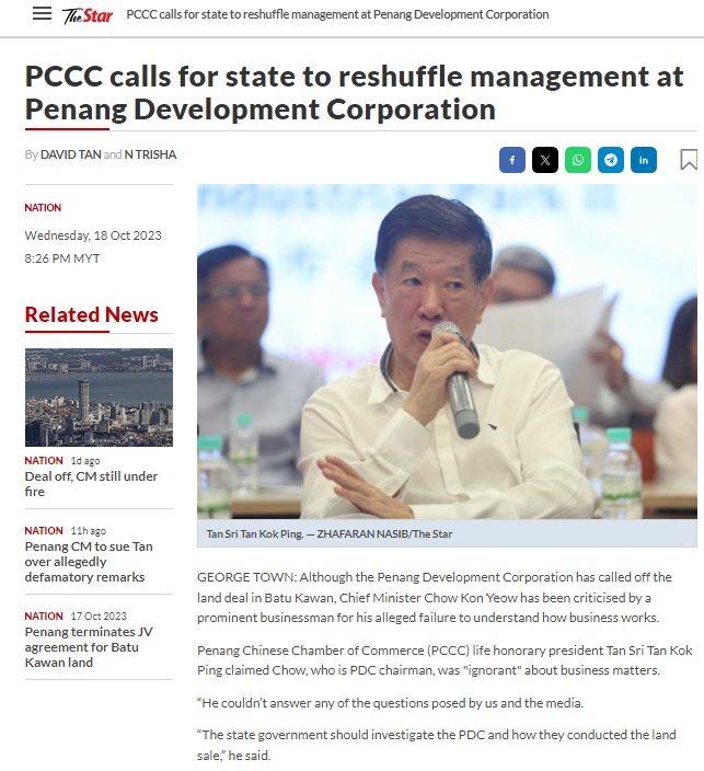 Ketua Menteri Pulau Pinang Kon Yeow saman Tan Sri Tan Kok Ping, SPRM ...