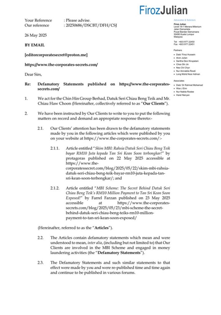 Datuk Seri Chiau Beng Teik and Chin Hin Group Sue The Corporate Secret ...